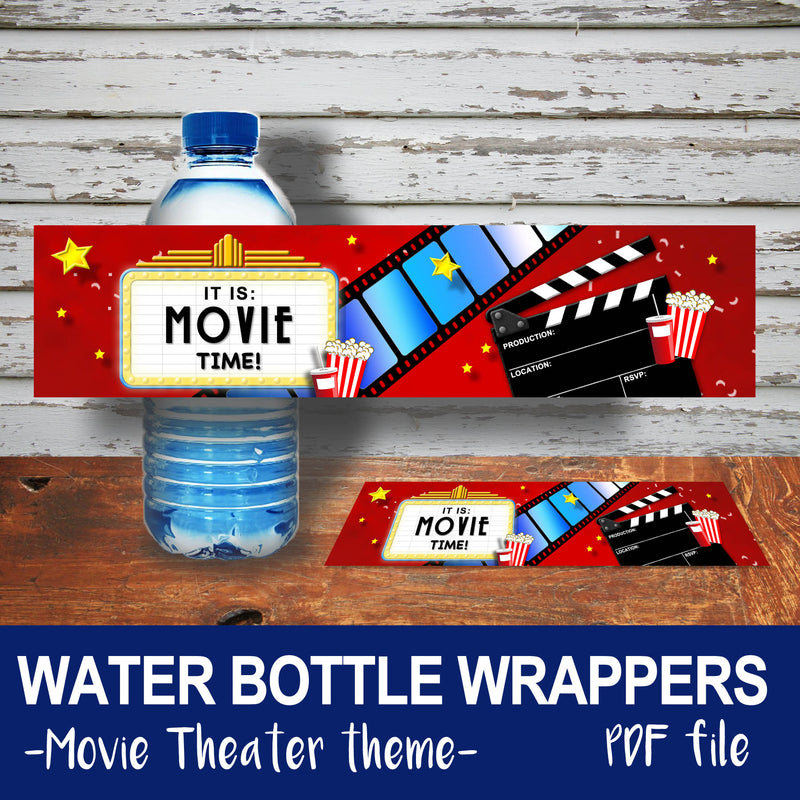 MOVIE THEATER - Birthday WATER BOTTLE WRAPPERS - Movies Cinema party ...