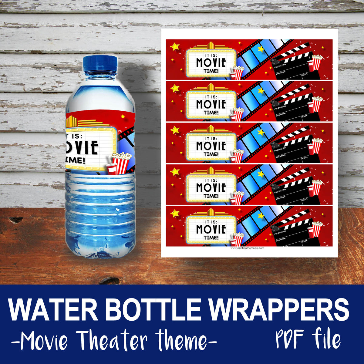 MOVIE THEATER - Birthday WATER BOTTLE WRAPPERS - Movies Cinema party ...